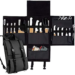 Under NY Sky Knife Bag - Black Real Leather - 13 Knife Slots, 2 Zipped Pockets for Kitchen Utensils, Large Pocket for Tablets & Notebooks - Expandable - Tool Storage Bag Style for Chefs, Cooks, BBQ