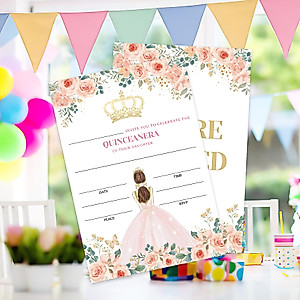 AEHIE 20 Sets 15th Quinceanera Party Shaped Fill-In Invitations With Envelopes, Pink Floral Crown Princess Rose Invitations Invite RSVP Cards for 15 Year Old Girls, Bridal Shower Party Invites