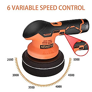 NEWSTYP 6 Inch Cordless Car Buffer Polisher with 2Pcs 12V 2.0Ah Rechargeable Battery, 6 Variable Speed, 5000RPM, Wireless Buffer Polisher Kit for Waxing/Car Detailing/Car Scratch Repairing/Sander