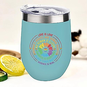 Mighun Love Is Love Rainbow Sunflowers Wine Tumbler with Lid, Gay Pride LGBT Equality Lesbian Vacuum Coffee Tumbler, Gay Pride Stemless Insulated Wine Glasses Cup for Champaign, Cocktail, Beer