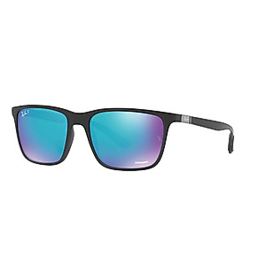 Ray-Ban RB4385 Liteforce Rectangular Sunglasses, Matte Black/Green Mirrored Blue Polarized, 58 mm