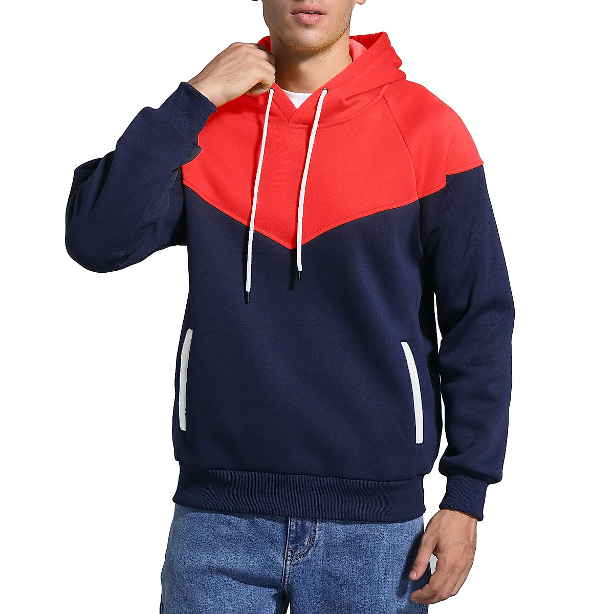 Niceif Men's Midweight Fleece Pullover Hoodies Casual Color Block Hooded Sweatshirt with Pockets, Red Navy M