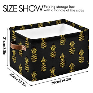 ALAZA Gold Pineapple on Black Large Storage Baskets with Handles Foldable Decorative 2 Pack Storage Bins Boxes for Organizing Living Room Shelves Office Closet Clothes
