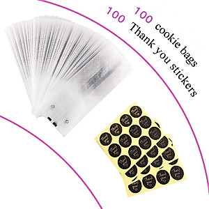 SAILING-GO 100 pcs./Pack Translucent Plastic Bags for Cookie,Cake,Chocolate,Candy,Snack Wrapping Good for Bakery Party with Thank You Stickers