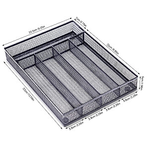 WuGeShop Silverware Drawer Organizer Black, Kitchen Drawer Organizer Metal Mesh Utensil Tray Non-Slip Cutlery Tray, 5 Compartments