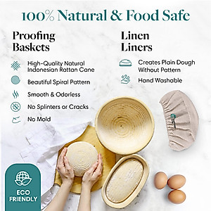 Banneton Bread Proofing Basket Set, 9 Inch Round & 10 Inch Oval Banneton Basket & Sourdough Bread Baking Supplies, with Danish Dough Whisk, Silicone Bread Sling, Linen Liner, Bread Lame, Bowl Scraper