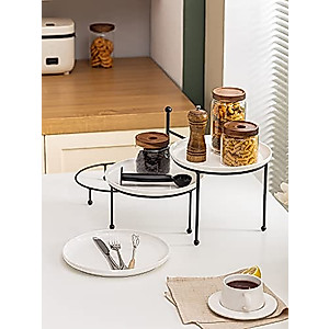 Kanwone 3 Tiered Serving Stand with White Porcelain Plates, Swivel Food Display Stand, 10" x 10" Tier Serving Trays with Black Metal Stand for Entertaining, 3 Tier Dessert Stand