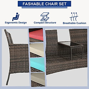 BPTD Outdoor Patio Loveseat Patio Furniture Set Rattan Patio Bistro Set Wicker Conversation Furniture Sets with Cushios and Built-in Coffee Table for Balcony, Lawn, Backyard (Brown/Turquoise)