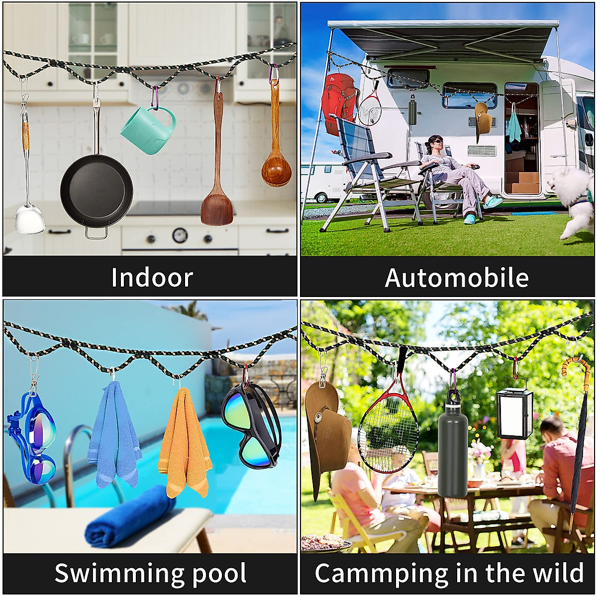 Roptat Campsite Storage Strap with 12 PCS Buckles&6 Clothes Pins Clothesline Hanging Gear for Tent Campers Car Camping Garden Supplies Family RV Trailer Hanging Gear (with Buckles)