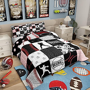 Erosebridal Twin Kids Baseball Comforter Set Softball Bedding Set Sports Game Quilted Comforter for Kids Patchwork Down Comforter Baseball Gift Duvet Insert 2pcs, Red Black Gray,Twin