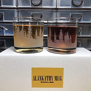 Alankathy Mugs Forest Landscape Whiskey Glass Rock Glasses Set of 2 Heavy Base Etched