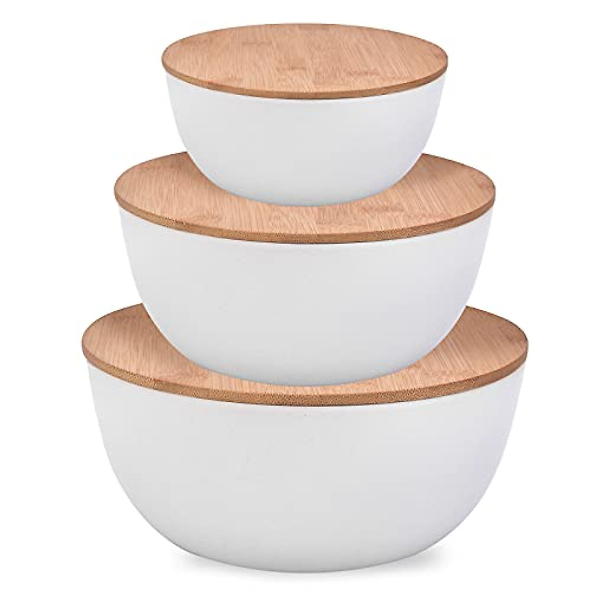 Panghuhu88 Salad Bowl with Lid, Set of 3 (7" + 8.8" + 11") Serving Bowl with Bamboo Cover, Bamboo Fiber Mixing Bowl for Salad Cereal Pasta Soup Fruit Popcorn Chips (White)