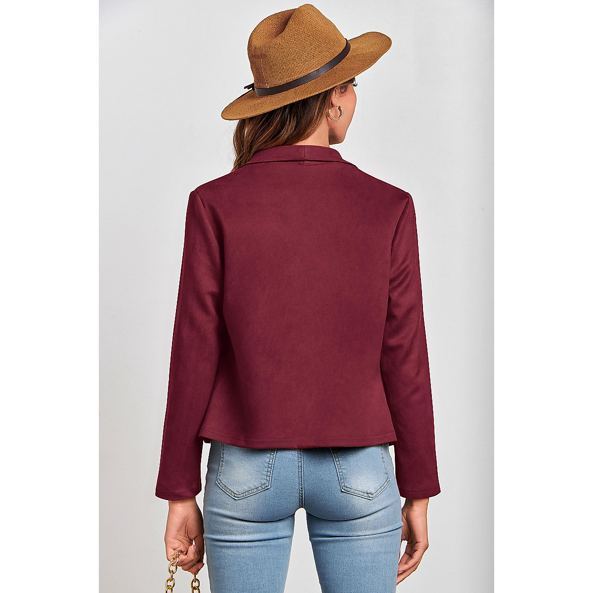 PRETTYGARDEN Women Cropped Jackets 2024 Fall Long Sleeve Faux Suede Leather Coats with Pockets (Wine Red,Large)