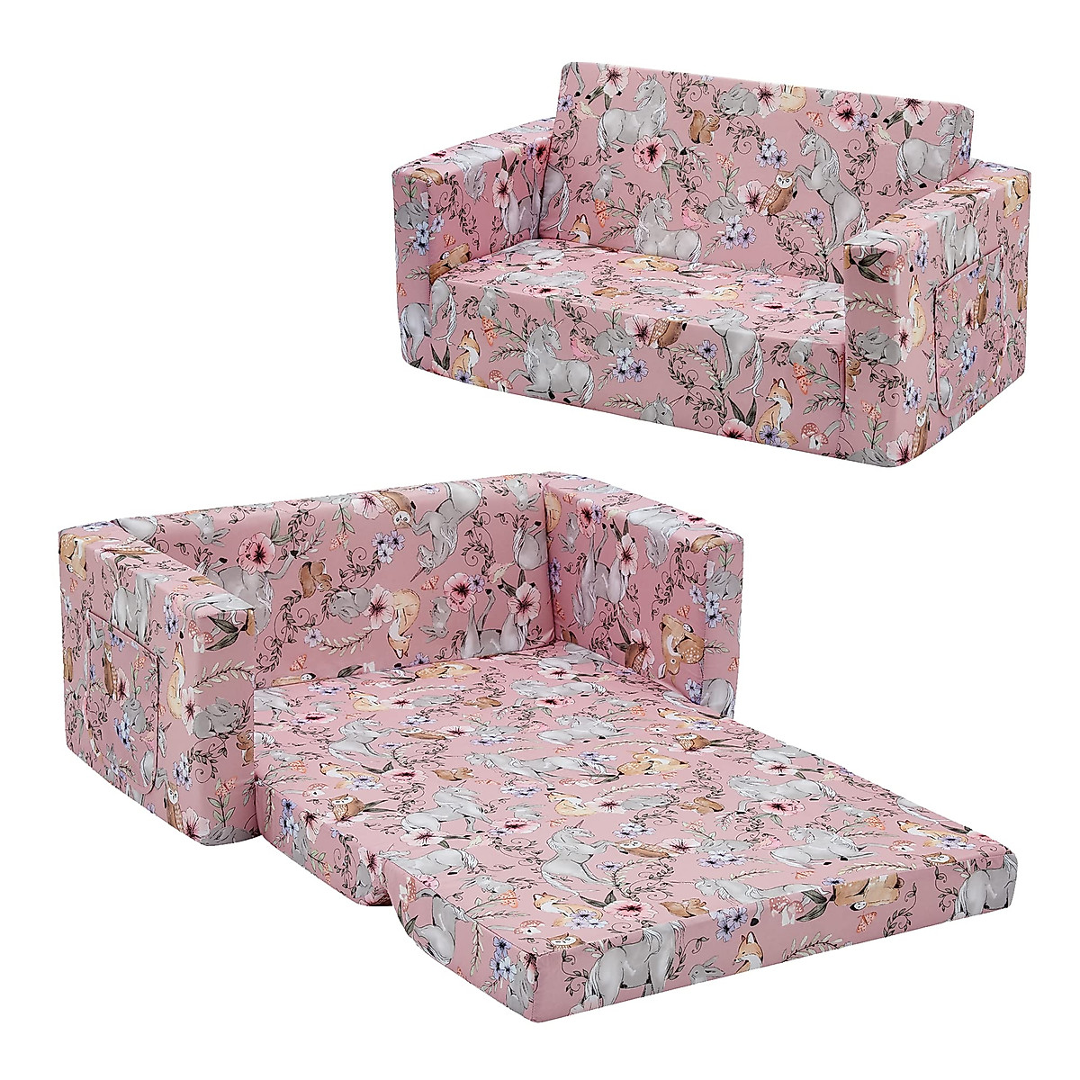 Ulax furniture Kids Convertible Sofas Children Flip-Out Sofa - 2-in-1 to Lounge Chair (Pink Unicorn)