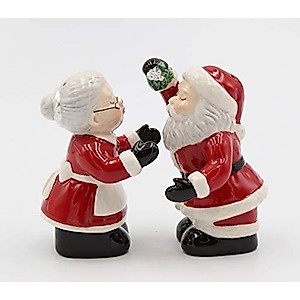 Fine Ceramic Kissing Santa & Mrs. Claus Under the Mistle Salt & Pepper Shakers Set, 3-3/8"