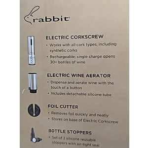 Rabbit Electric Wine Tool Set - 5-Piece Wine Accessory Collection - Aerator, Corkscrew, Cutter, Stoppers, Charging Cables