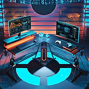 Bestier LED Gaming Desk 55" L Shaped Computer Corner Desk with 2 Cup Holders 2 Headset Hooks 36" Large Monitor Shelf Home Office Desk Bedroom Reversible 72" Long Desk for 2 Persons, Black