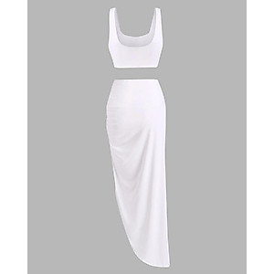 ZAFUL Women's Casual Sleeveless Summer Two Piece Outfits Solid Crop Top and Draped Ruched Maxi Skirt Set Solid Suiting (C-White, S)