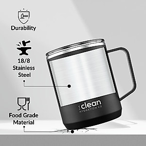 The Clean Hydration Company Coffee Cup Travel Mug Insulated - 12 Oz | Ceramic Lined Tumbler Cup with Lid | Reusable Office Mug | Double Wall Vacuum Eco-Friendly, BPA-Free