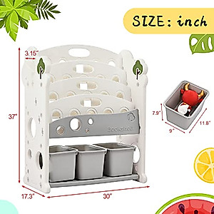 YM sky Kids Toy Organizer Storage Bins and Bookshelf: Multi-Functional Nursery Organizer with 3 Shelf - Removable Children's Toy Box with 4 Large Bins for Playroom Bedroom Living Room (Gray)