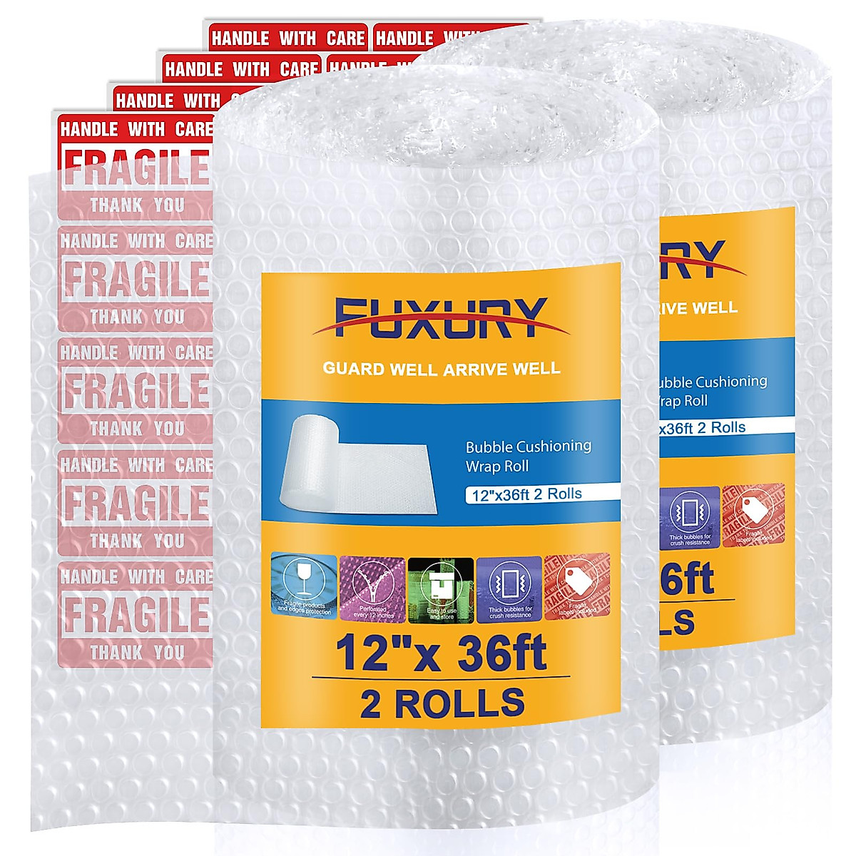 2-Pack Bubble Cushion Wrap Roll, Fuxury 12 Inch x 72 Feet Total Air Bubble Cushioning Wrap, Perforated Every 12", Included 20 Fragile Sticker Labels for Packaging Moving Shipping Boxes Supplies