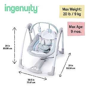Ingenuity Compact Lightweight Portable Baby Swing with Music, Nature Sounds and Battery-Saving Technology - Abernathy, 0-9 Months