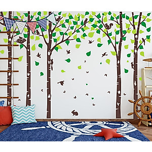 5 Large Birch Tree Wall Decals Jungle Tree Wall Stickers Forest Animal Wall Stickers Squirrel Rabbit Stickers for Kids Room Nursery Bedroom Living Room Classroom Wall Decoration (100", Brown,Green)