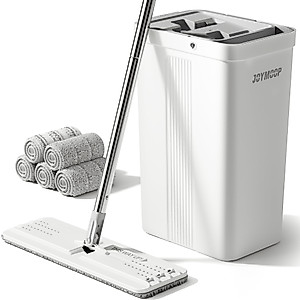 JOYMOOP Mop and Bucket with Wringer Set, Flat Floor Mop and Bucket, Mop for Floor Cleaning with 5 Microfiber Pads, Wet and Dry Use, Household Cleaning Tools, for Hardwood, Laminate, Tile