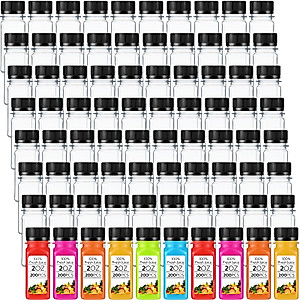 Sliner 200 Pcs 2oz Small Plastic Juice Bottles Ginger Juice Bottle with Lids Liquid Vial Reusable Clear Beverage Container with Lid, Freezer Safe, Leak Proof for Juice, Water, Milk(Black Lid)