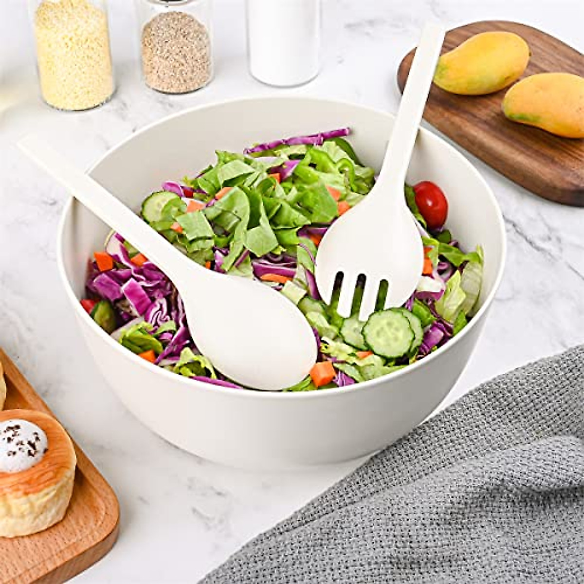 LOVYANXUE Bamboo Salad Bowl with Lid, 9.8Inches Large Salad Bowl with Lid Spoon Fork, Salad Mixing Bowls and 4 Small Bowls, Salad Serving Bowl Set for Salad, Fruits, Vegetables