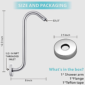 Nuodan Shower Head Extension Arm with Flange, S Shaped High Rise Gooseneck Showerhead Riser Pipe, Standard 1/2" Connection - Bathroom Accessory (12 Inch, Chrome)