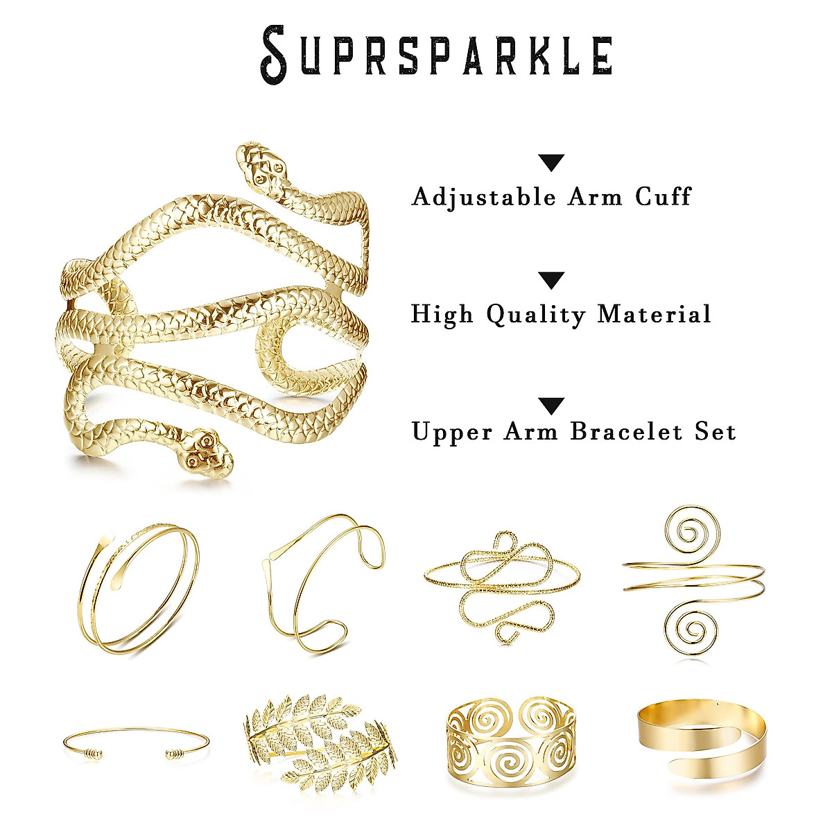 Suprsparkle 9PC 9-10PCS Upper Arm Cuff Arm Bands For Women Gold Adjustable Upper Arm Cuff Bracelets Boho Armband Bangle Jewelry…