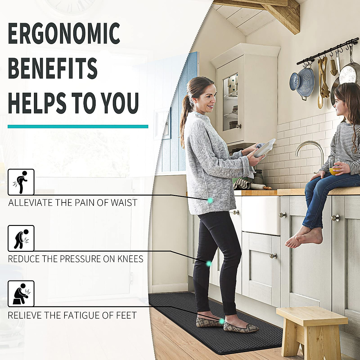 DEXI Kitchen Rugs Anti Fatigue Cushioned Comfort Standing Mats 2 Pieces Set Waterproof Runner Mats Easy to Clean 17"x59"+17"x79" Black