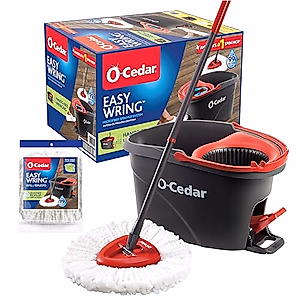 O-Cedar Easywring Microfiber Spin Mop & Bucket Floor Cleaning System with 1 Extra Refill,Red / Gray