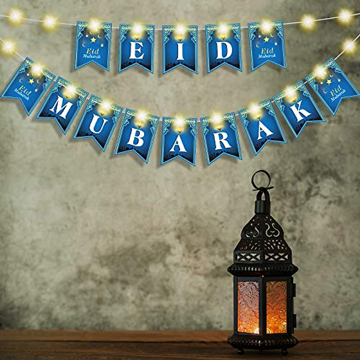 Eid Mubarak Paper Banner Eid Mubarak Bunting Banner with Led Fairy String Light 3 Flicker Modes, Eid Celebration Hanging Garland Decoration for Muslim Ramadan Party Supplies, No DIY Required (Blue)