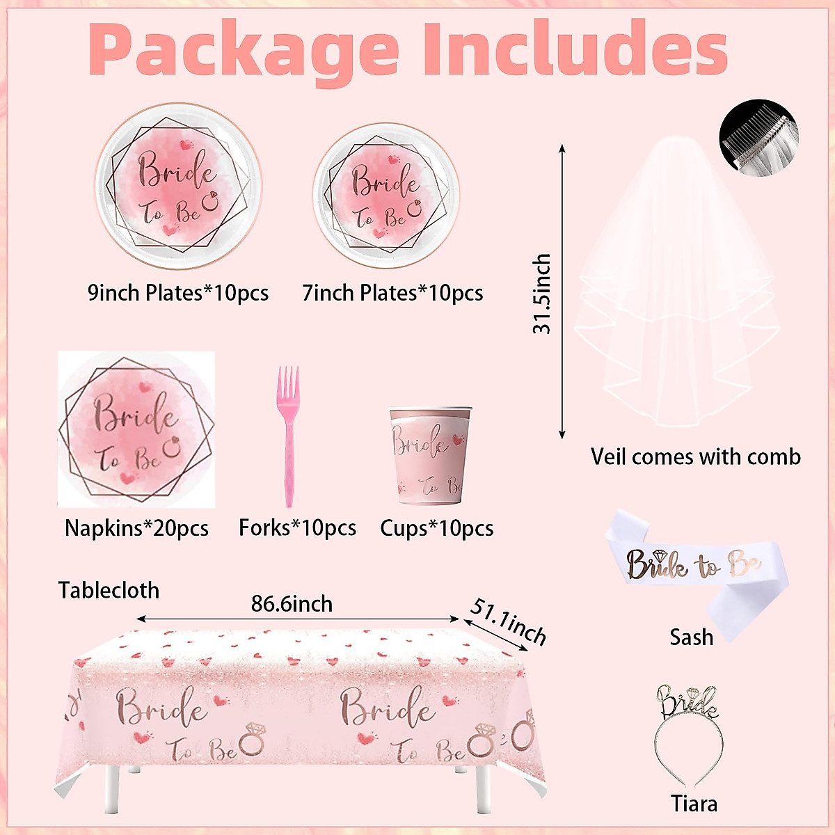 180Pcs Bachelorette Party Decorations,Pink Rose Gold Decor,Bridal Shower Party Supplies Balloon Arch,Bride To Be Party Favors Tableware Set Plates Fork Cups Napkins Tablecloth,Sash,Vail,Tiara