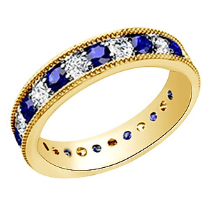 AFFY 1.3 cttw Simulated Blue Sapphire & White Natural Diamond Eternity Wedding Band Ring in 14k Yellow Gold with Ring Size -12