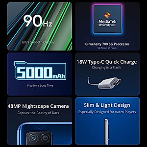 realme Narzo 30 Unlocked 4GB 128GB, Dimensity 700 Processor, 6.5'' 90Hz FHD+,18W Quick Charge, 48MP Triple Cameras (EU Charger with US Adapter) 5G Only Supports Verizon Wireless and at&T's n5 Band