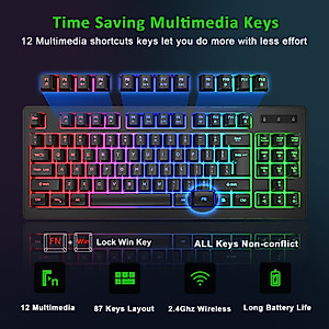 BlueFinger Wireless Gaming Keyboard, Rechargeable RGB Rainbow Backlit Gaming Keyboard, Compact 87 Keys Wireless Keyboard for Mac Laptop Computer PC Gamer