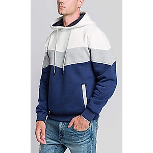 Wielsscca Mens Hoodies Pullover Color Block Fleece Sweatshirt Tops with Pocket White L