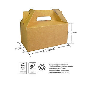 PandaPanda gable boxes (50 pcs) with handle (8.3 * 5.1 * 4.5 inches) for foods, gifts and party favors (100 oz) environment friendly