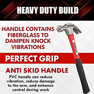 YIYITOOLS Claw Hammer With fiberglass Handle – 16-oz, Red and Black (YY-1-003)