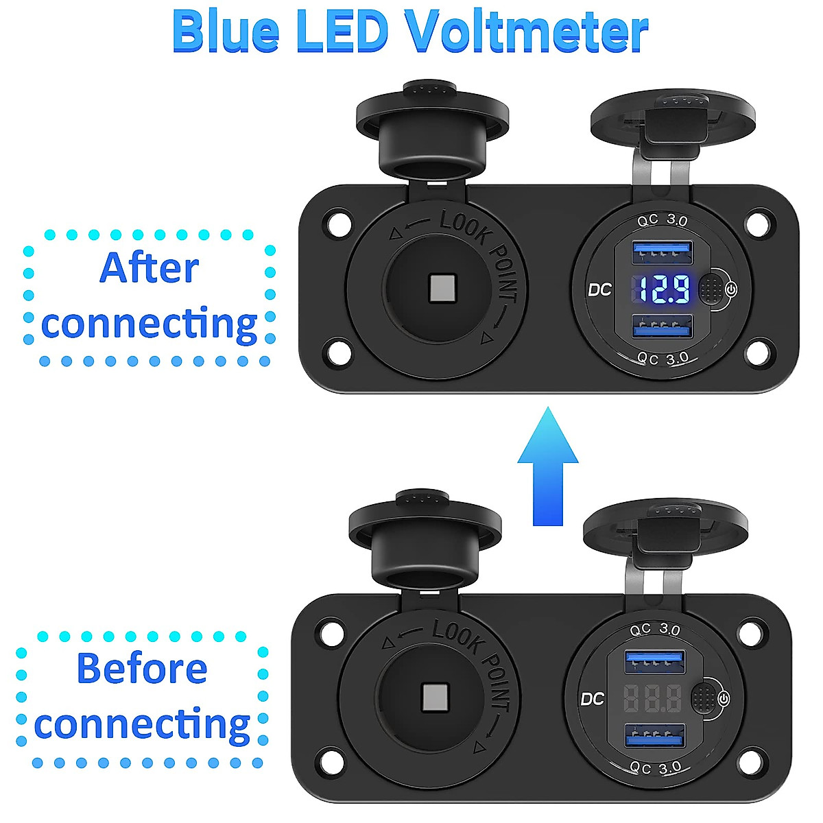 Cigarette Lighter Socket 12V Power Outlet, Qidoe Aluminum 40W Dual QC3.0 USB Charger Socket with LED Voltmeter Switch,150W DC Lighter Socket Waterproof 12V Plug Panel for Car Boat RV Marine Golf Cart