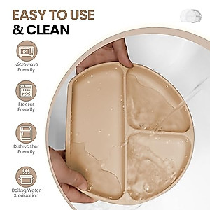 Vivalada Silicone Baby Feeding Set - Baby Led Weaning Supplies, Baby Suction Plate with Lid and Bowl, Toddler Self Feeding Spoons Forks Sippy Cup Adjustable Bib, Baby Utensils for 6-12 Months (Beige)