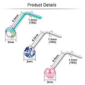 Cisyozi 18G Nose Rings Studs for Women Stainless Surgical Steel Stud Nose Ring Plastic Glow Dark Big Curved Nose Nostril Rings Bend L Shaped Pearl Nose Ring Piercing Jewelry Set Pack Men Diamond 3mm