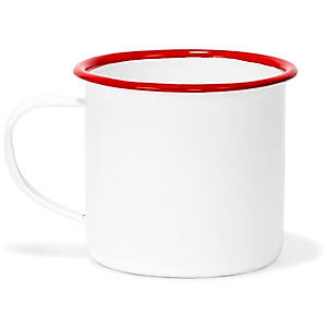 Red Co. Set of 6 Enamelware Metal Small Classic 5 Oz Round Coffee and Tea Mug with Handle, Solid White/Red Rim