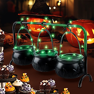 HOMSHIAM Halloween Decorations,Set of 3 Witches Cauldron Serving Bowls on Rack with Shelf and String Lights -Black Plastic Candy Bucket Cauldron for Halloween Decor Indoor Outdoor Home Kitchen