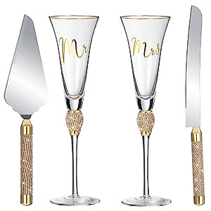 Boao 4 Piece Wedding Toasting Flutes and Cake Server Set Wedding Reception Supplies Champagne Glasses Cake Knife Pie Server (Gold)