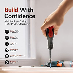 6 in 1 Screwdriver set with Comfortable Non-Slip Grip, Multi-tool Screw Driver Bit Set multipurpose use, All in 1 Nut Driver with Phillips/Slotted Super Quality Steel Bits, with Built-in bit holder