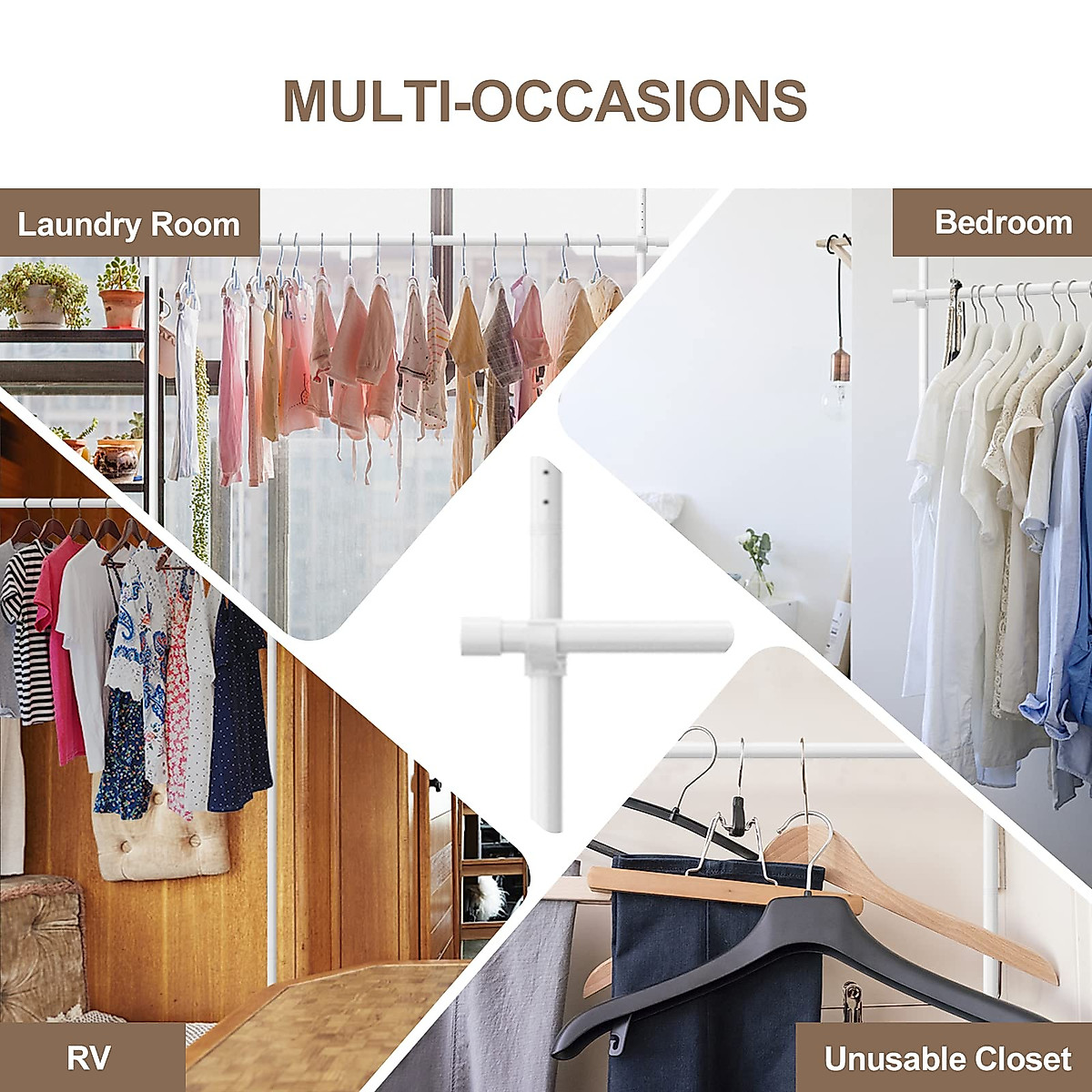 Closet Organizer Garment Rack, Heavy Duty 2-Tier Adjustable Free Standing Clothes Laundry Drying Rack, Floor to Ceiling Clothing Hanger Tension Rod Closet System Wardrobe Storage (White)